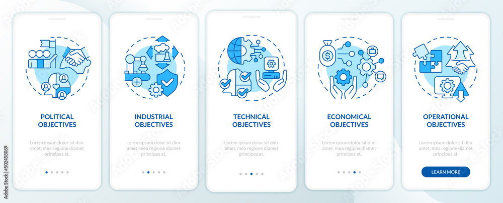 World cooperation objectives blue onboarding mobile app screen. Goals ...