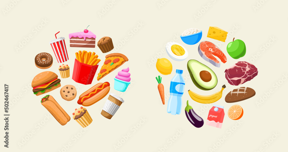 Vetor de Healthy vs unhealthy food flat vector illustration. Fast food ...