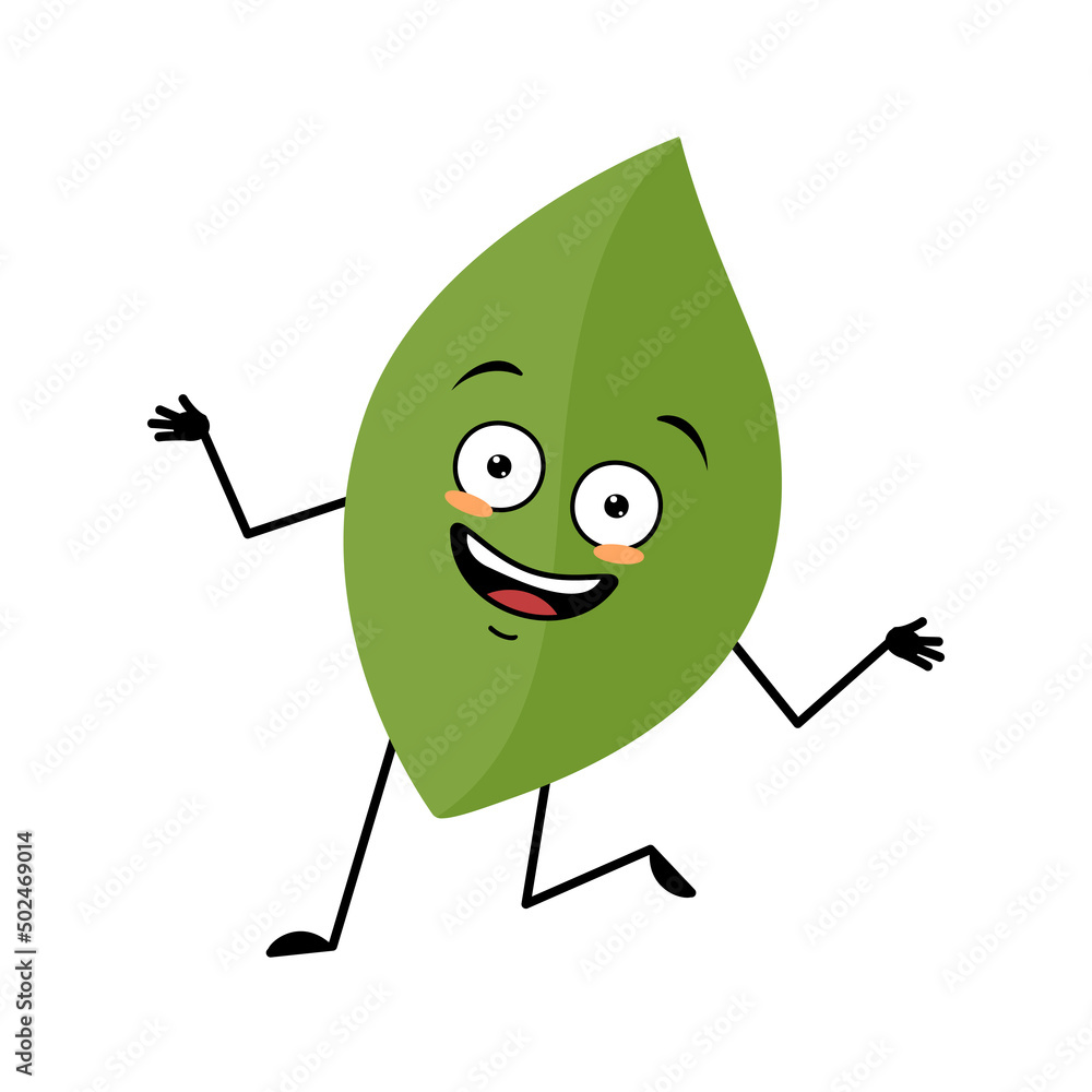 Leaf character with crazy happy emotion, joyful face, smile eyes ...