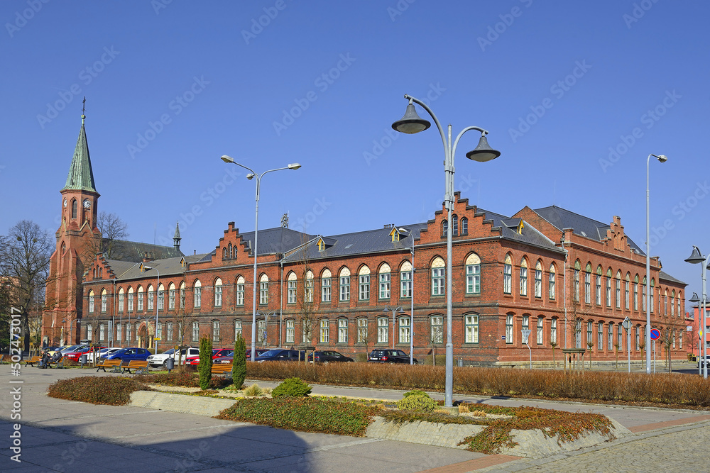 Historic Town Hall and church in the Main Market in Bohumin, Czech ...
