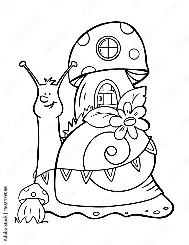 Coloring page for kids with cartoon snail and shoe house. Outline ...