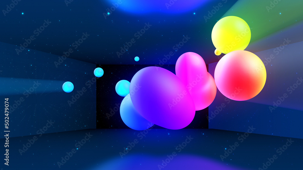 3d render. Spheres or balls in room merge like liquid wax drops or metaballs in-air. Liquid ...