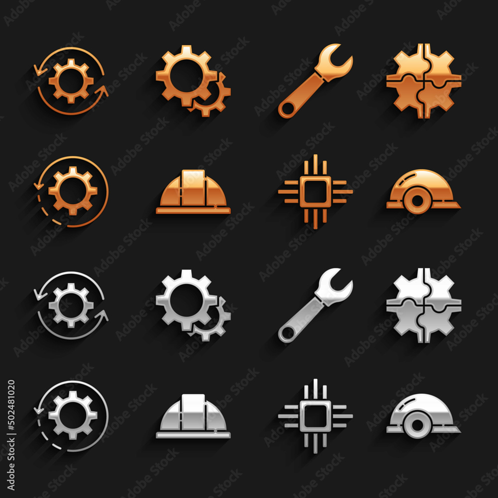 Set Worker Safety Helmet Gear Processor With Microcircuits Cpu And Arrows As Workflow Wrench