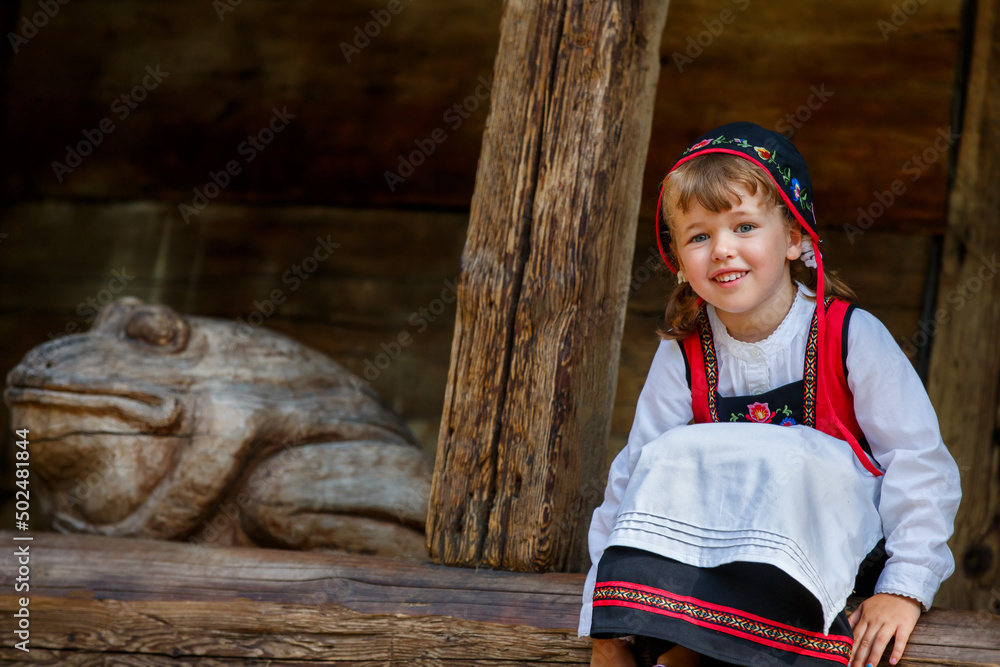 Adorable little girl in Swedish traditional clothes during Midsommar ...