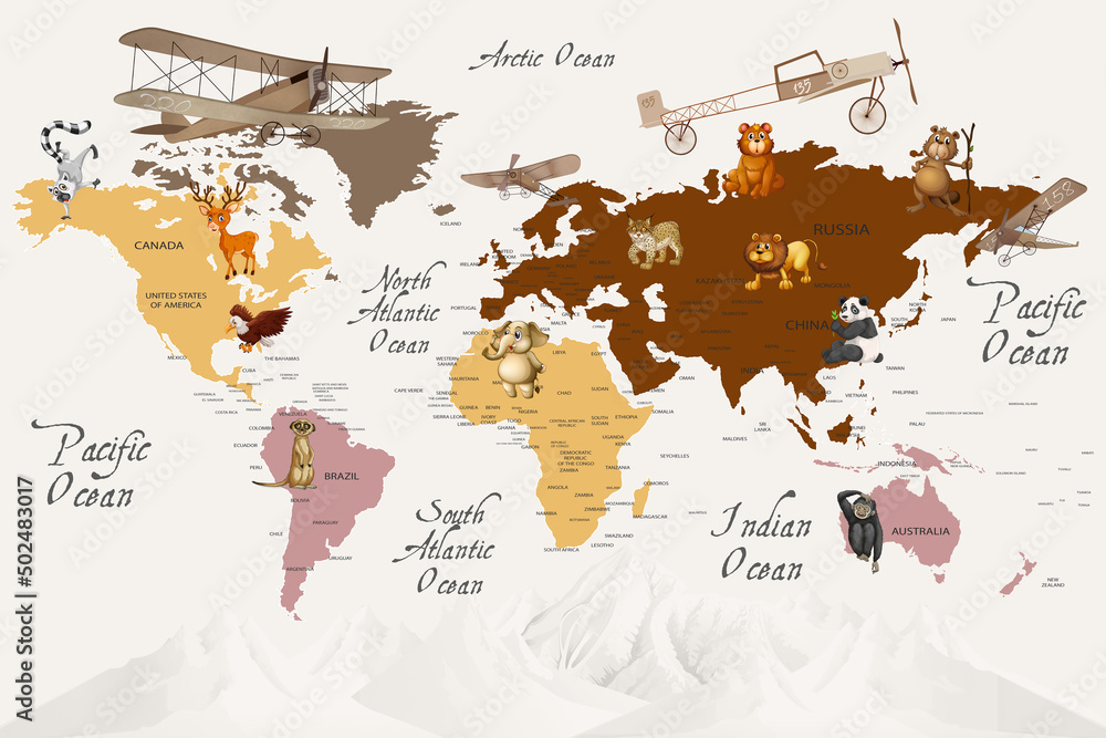 Animals world map for kids wallpaper design Stock Illustration | Adobe ...
