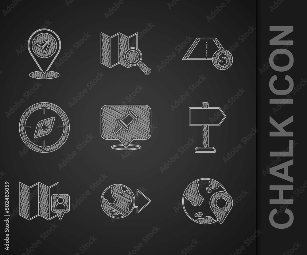 Set Push pin, Location on the globe, Road traffic sign, Folded map with ...