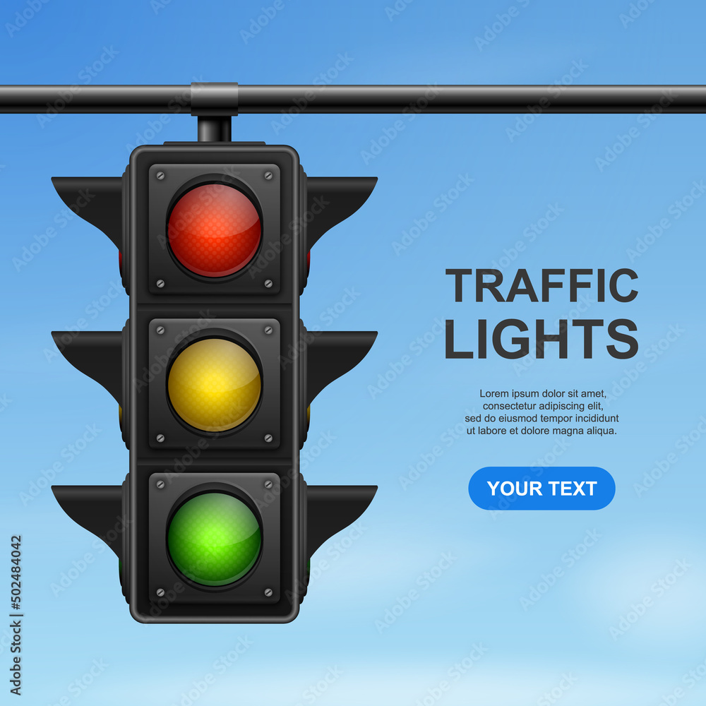 Vector Banner with 3d Realistic Detailed Road Traffic Lights on Blue ...