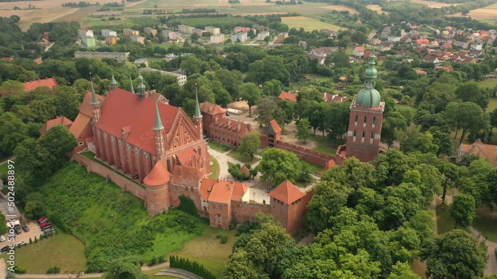 Aerial 4K video from drone to of old town of Frombork on a beautiful ...