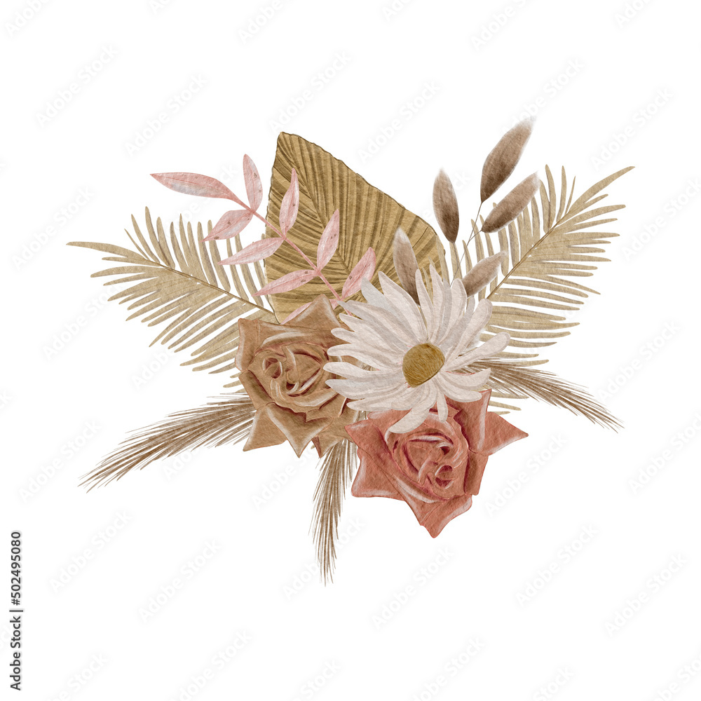 Flowers hand drawn composition in boho style. Isolated on white ...