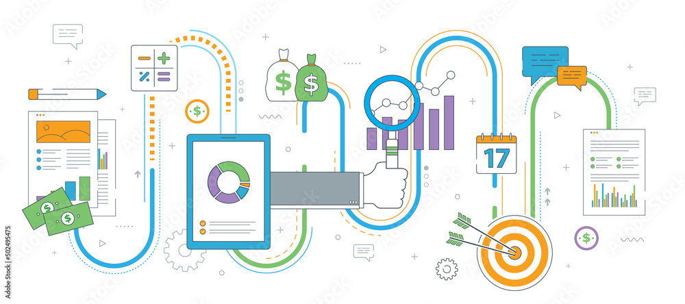 Hand with magnifying glass and financial chart of growth and profits ...