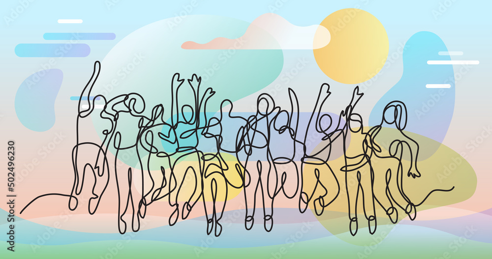continuous line drawing of large group of jumping people Stock Vector ...
