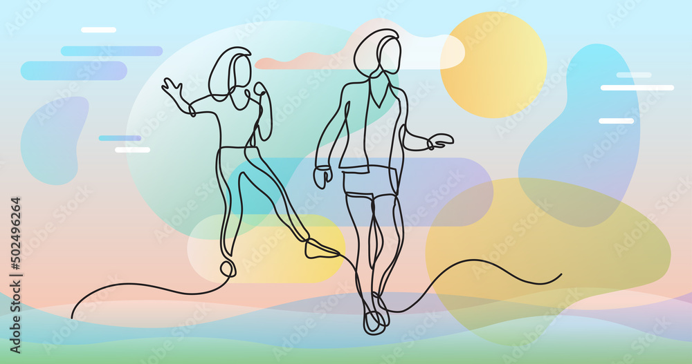 continuous line drawing of two girls having fun Stock Vector | Adobe Stock