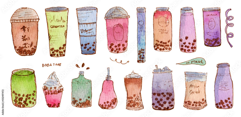 set of cute colorful boba bubble drink watercolor sketch Stock Vector ...