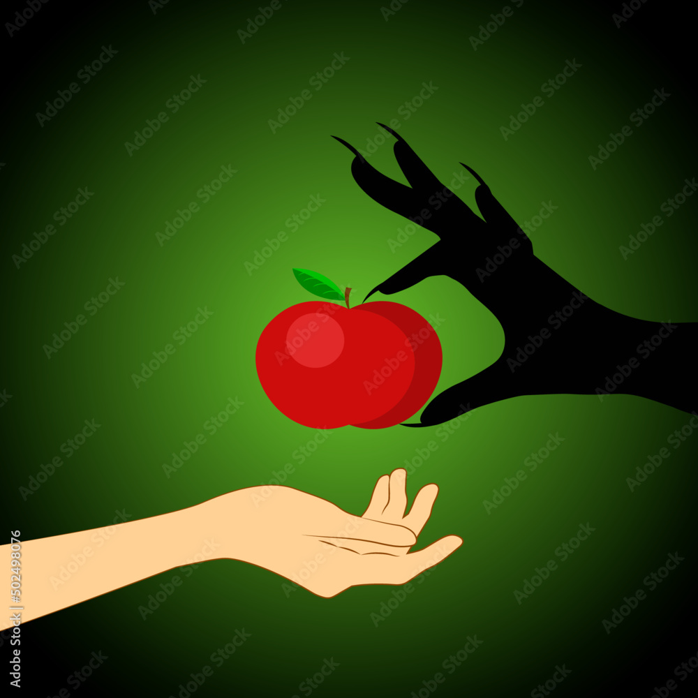 Snow White fairytale. Witchs hand gives girl an apple. Vector ...