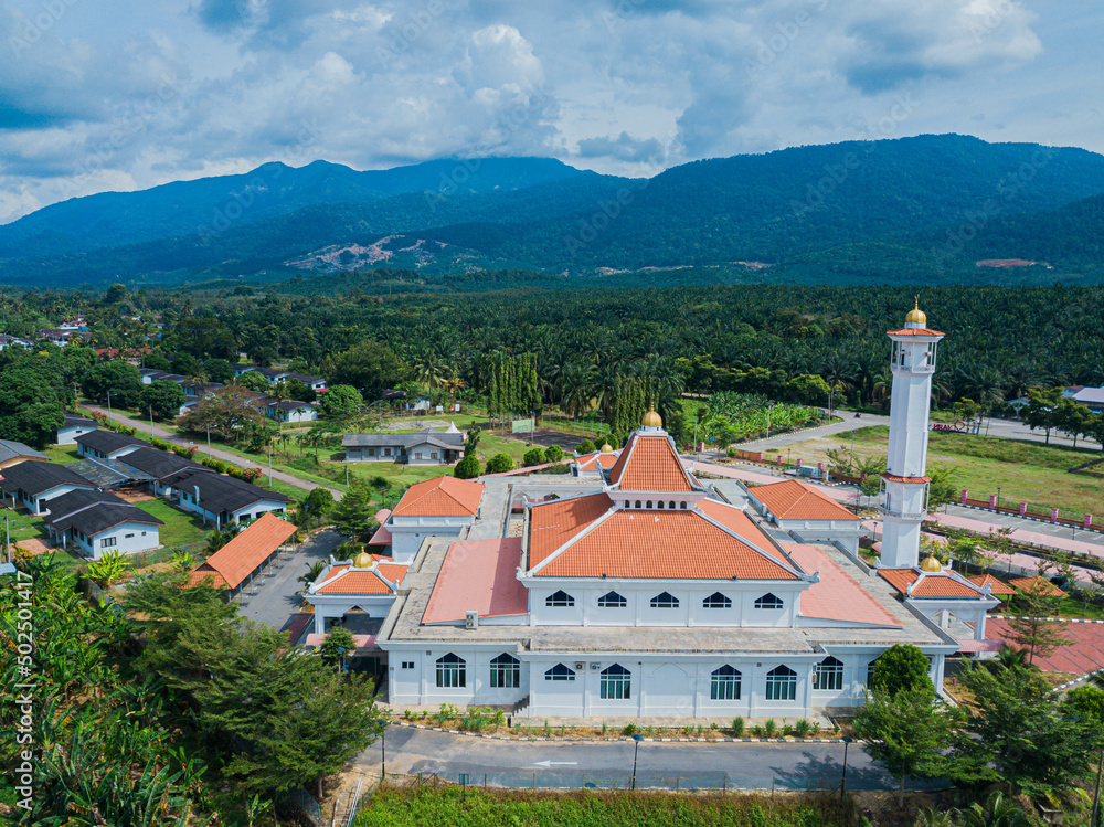 Aerial drone view of a mosque known as Tun Khalil Mosque at Asahan ...
