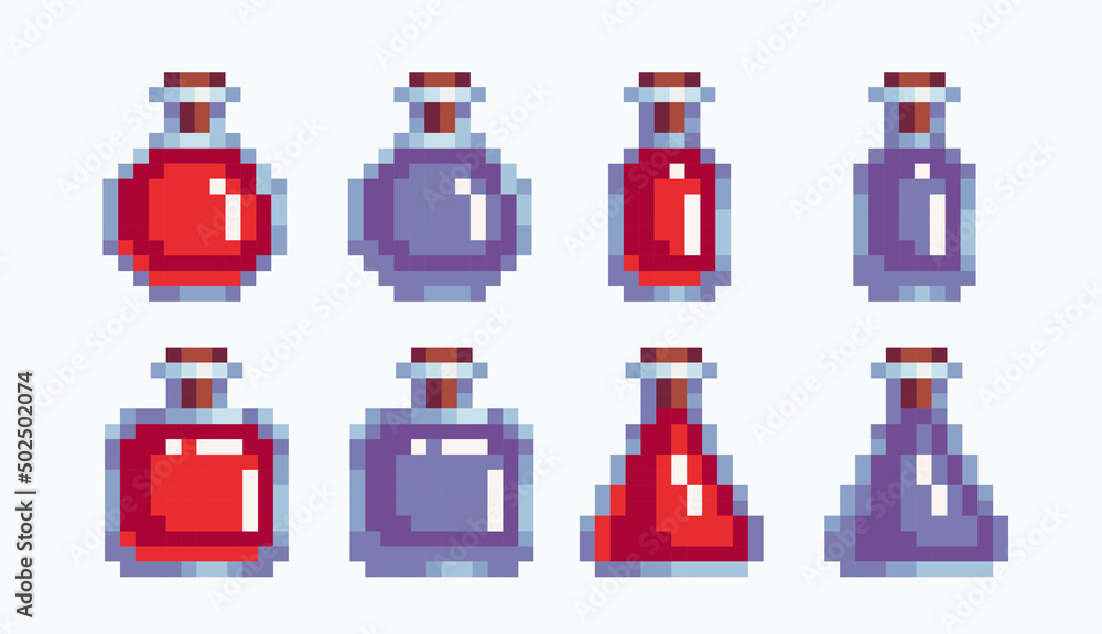 Vettoriale Stock Healing Potions Pixel Art Set Empty And Full Glass Bottles Collection Alchemy