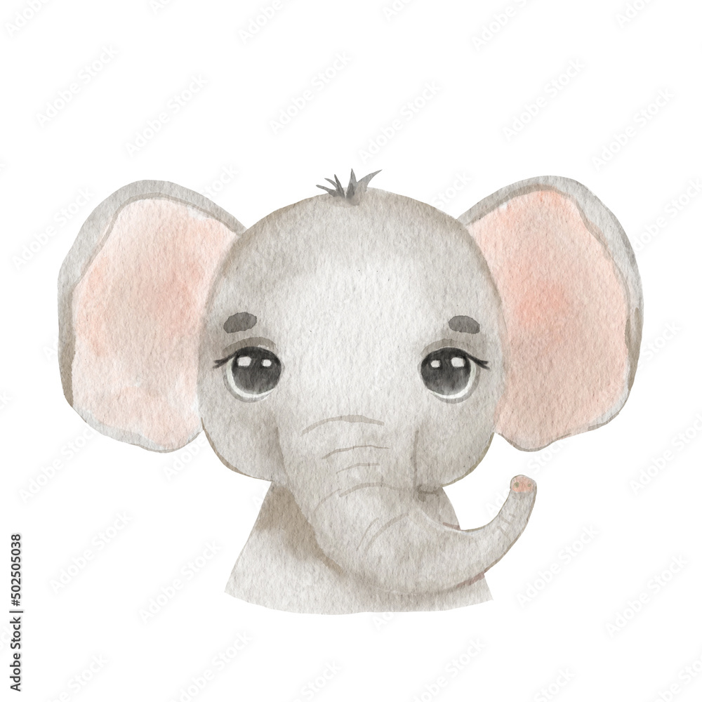 Cute portrait elephant head in cartoon style. Drawing african baby wild ...