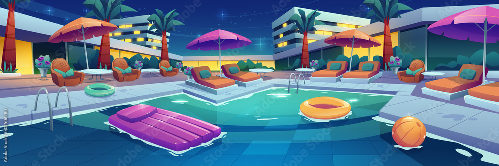 Luxury spa hotel with swim pool at night. Vector cartoon illustration ...