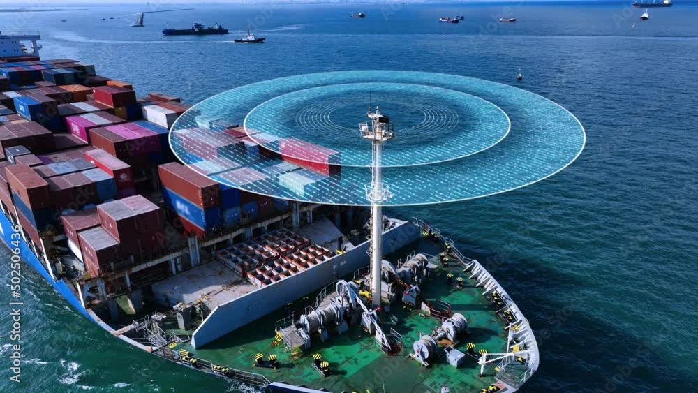 Futuristic technolog scanning wave wireless 5G at ship signal mast of ...