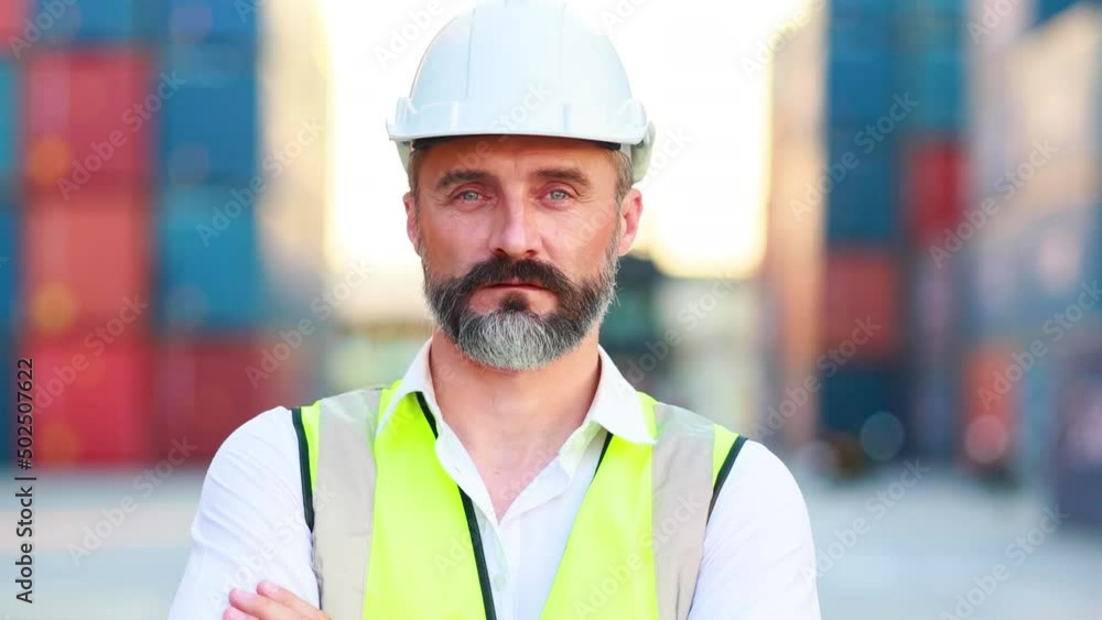 slow motion. Man manager cross arm. Handsome caucasian male dock ...