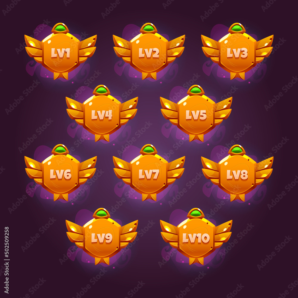 Set of game level ui icons, golden badges with wings, shields or ...