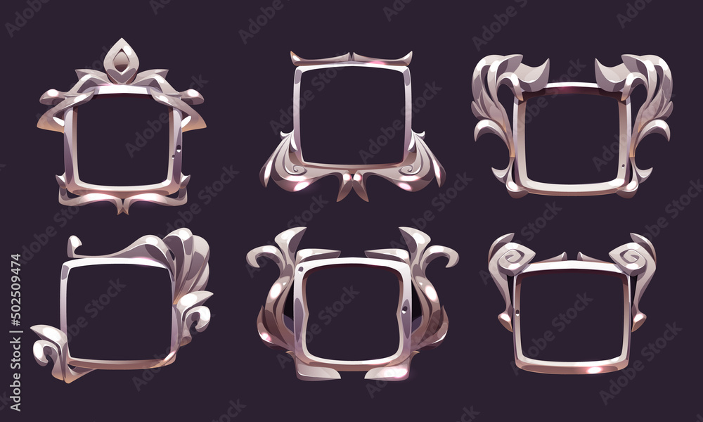 Vecteur Stock Square ui game frames, medieval silver borders. Textured ...