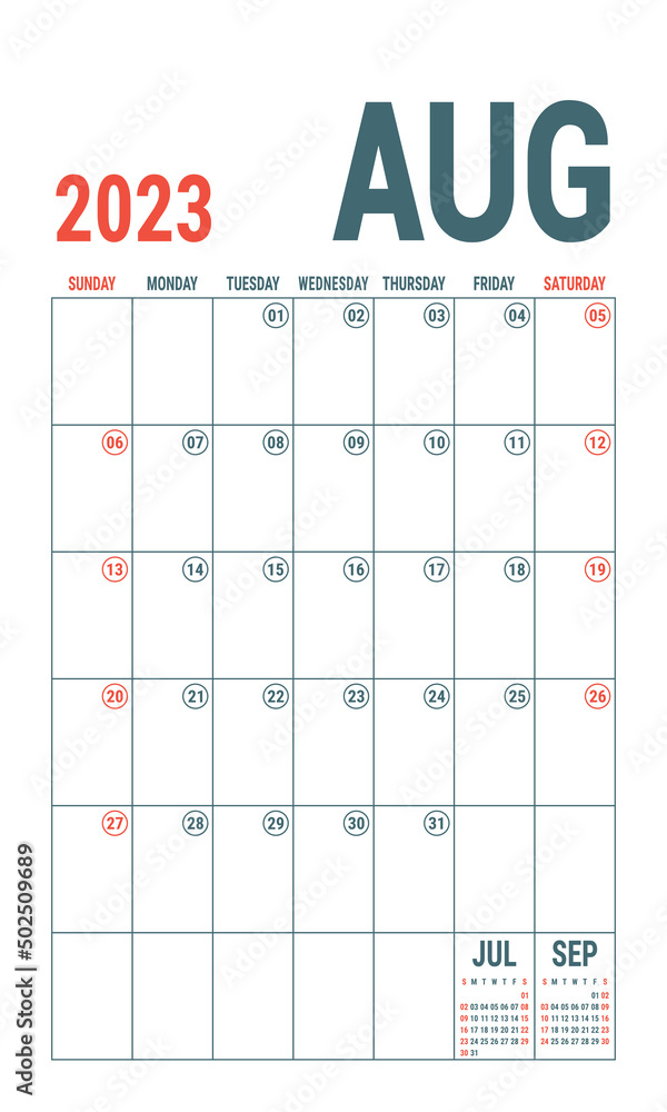 August. Planner 2023 year. English vector vertical template. Week ...