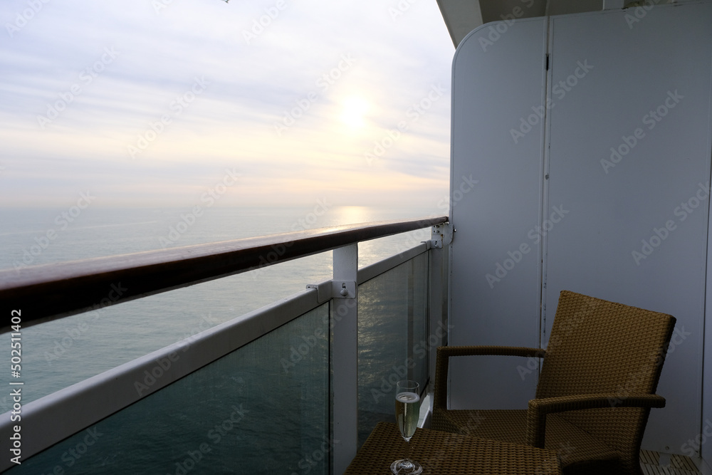 Balcony verandah of luxury cruiseship cruise ship liner stateroom cabin ...