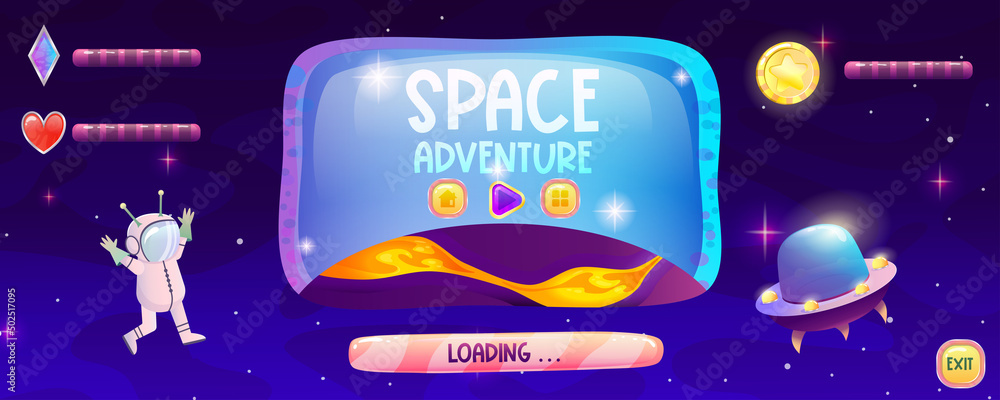 Space game ui main screen with buttons, start and download. Screen with ...