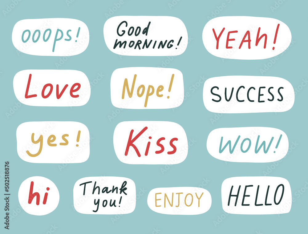 Words stickers set. Cute positive badges, lettering, doodle quotes ...
