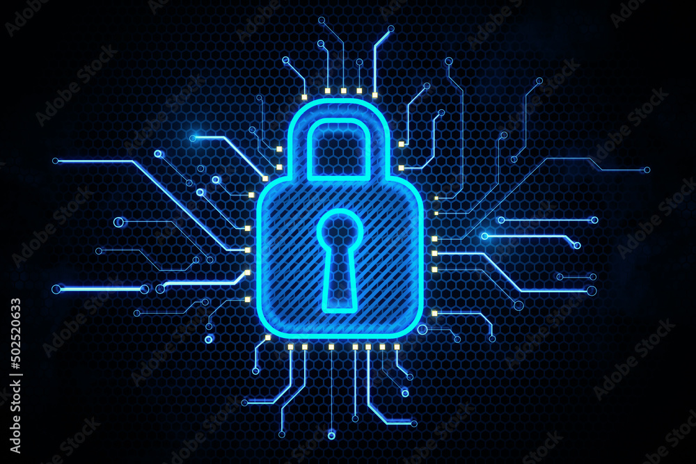 Cyber security technologies concept with bight digital lock symbol and ...
