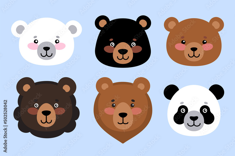 Cute cartoon bears. A set of portraits of different species of bears ...