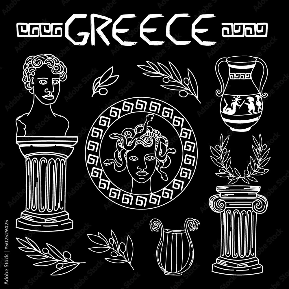 Set of ancient elements of Ancient Greece and Rome, hand-drawn in ...