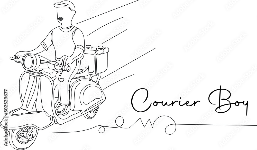 outline sketch drawing of Courier boy going on scooter for fast ...