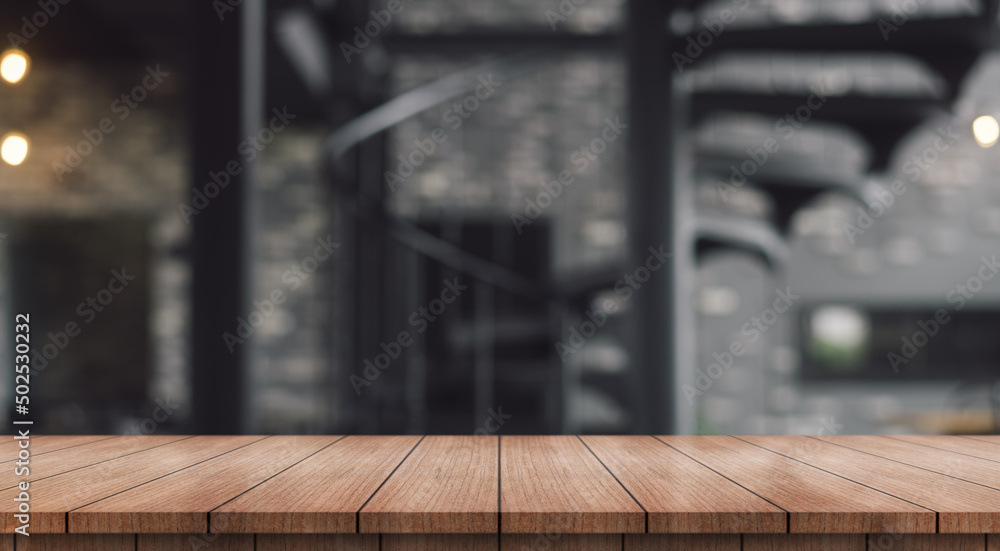 Wooden table surface on vintage coffee shop background. Stock ...
