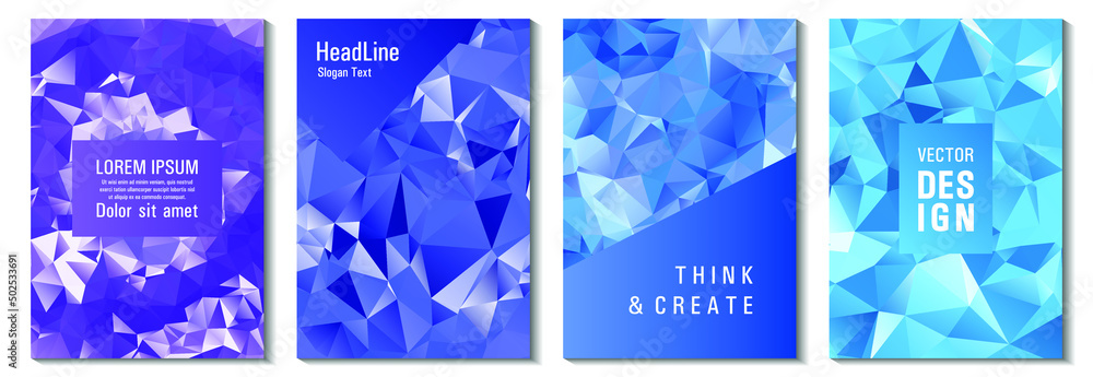 Blue facet triangles vivid cover page layouts vector graphic design set ...