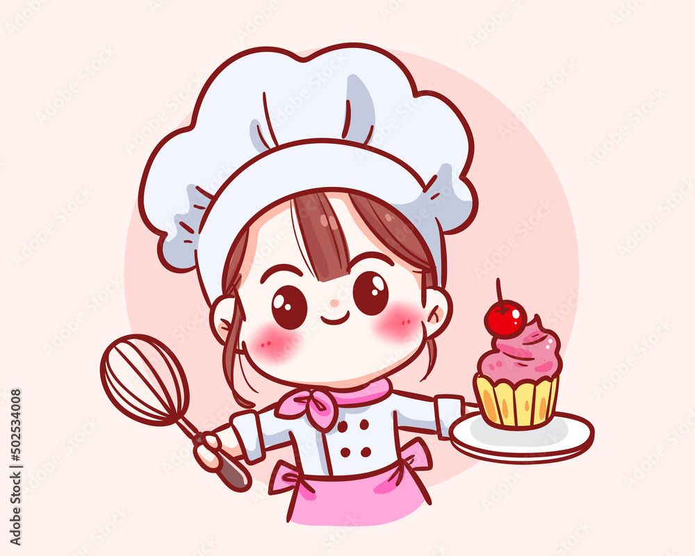 Cute chef girl in uniform character holding a cake food restaurant logo ...