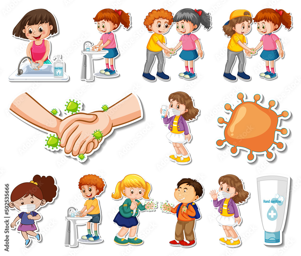 Sticker set of covid19 icons and cartoon characters Stock Vector ...