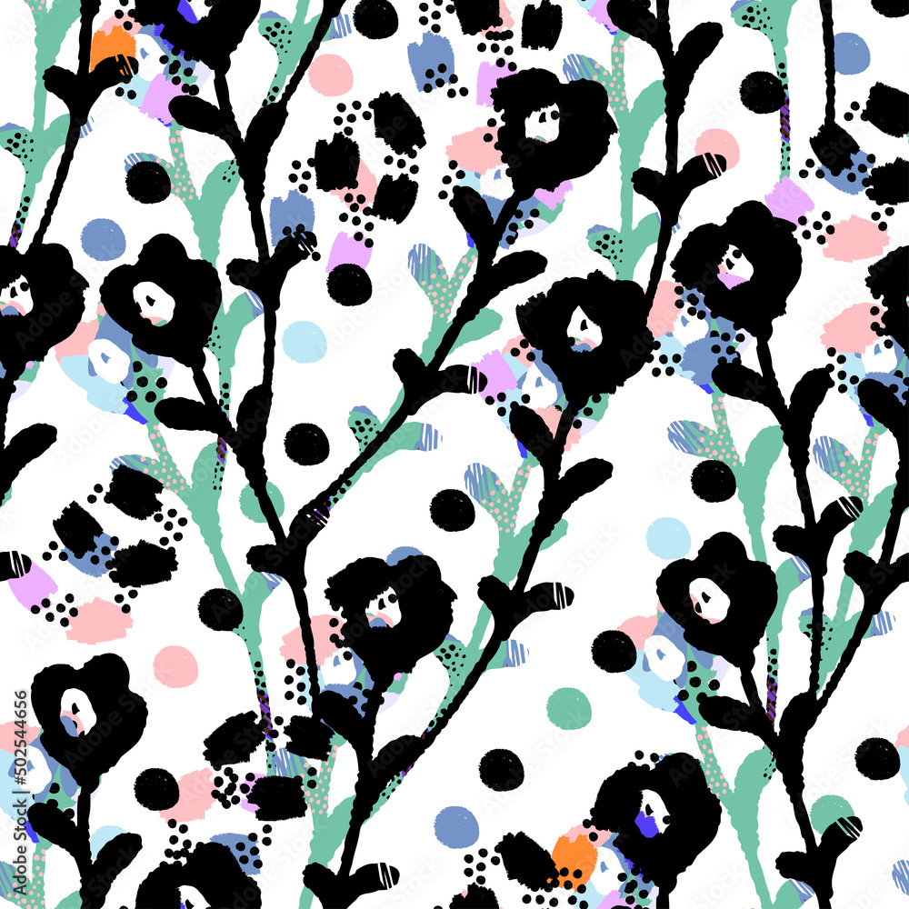 seamless black and colouful shadow flowers pattern background ...