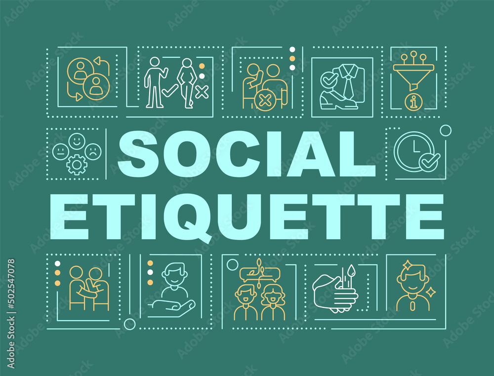Social etiquette word concepts dark green banner. Manners and behavior ...