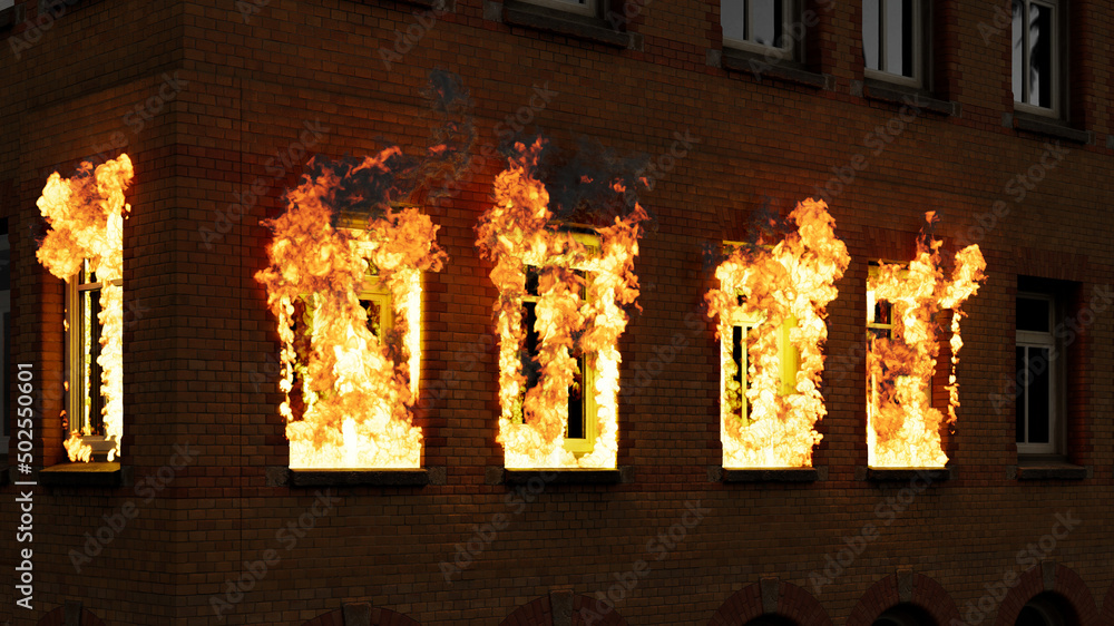 Feuer bei Hausbrand in Haus abends mit Flammen am Fenster Stock Photo ...