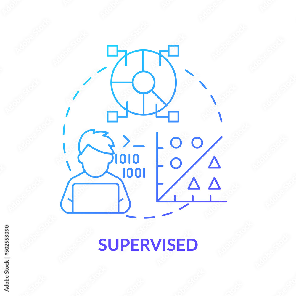 Supervised blue gradient concept icon. Labeled dataset input. Category ...