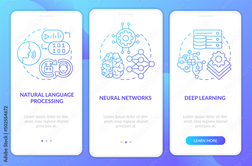 Fields Of Machine Learning Blue Gradient Onboarding Mobile App Screen Walkthrough 3 Steps