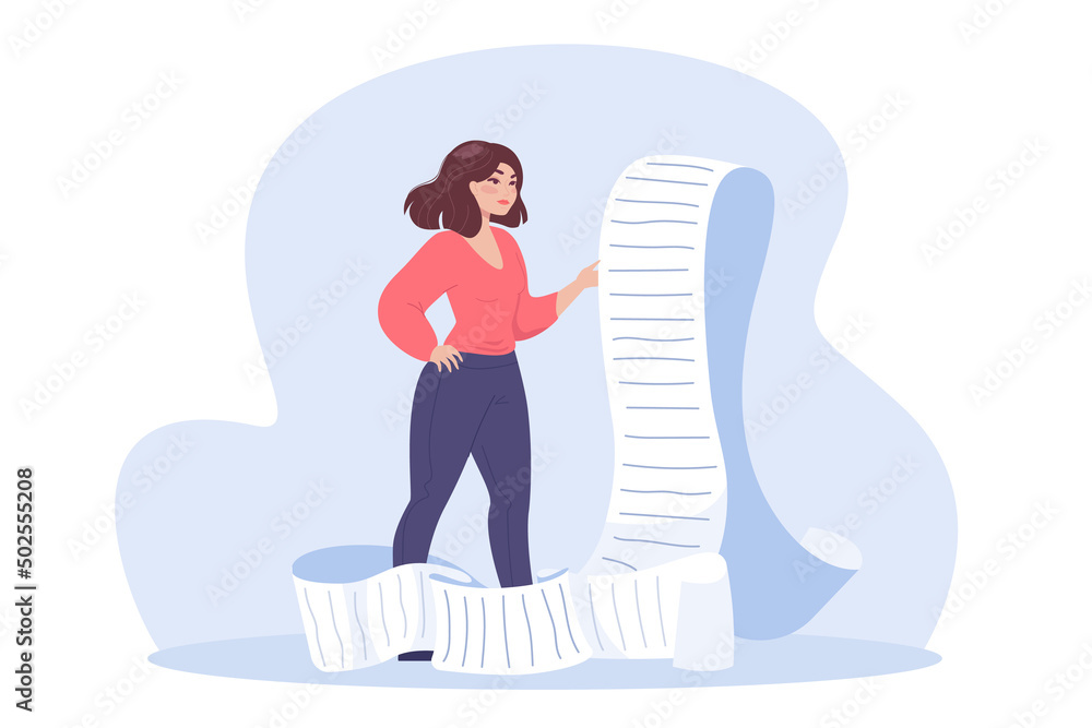 Cartoon woman checking long bill or list of tasks. Female person with ...