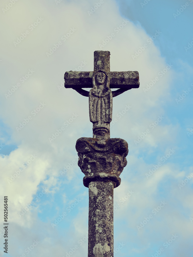 Stone cross in Muxía on the Camino de Santiago, Galicia, Spain. These ...