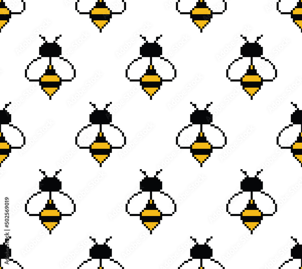 pixel summer bee Seamless Pattern vector bee background pixel art for 8 ...