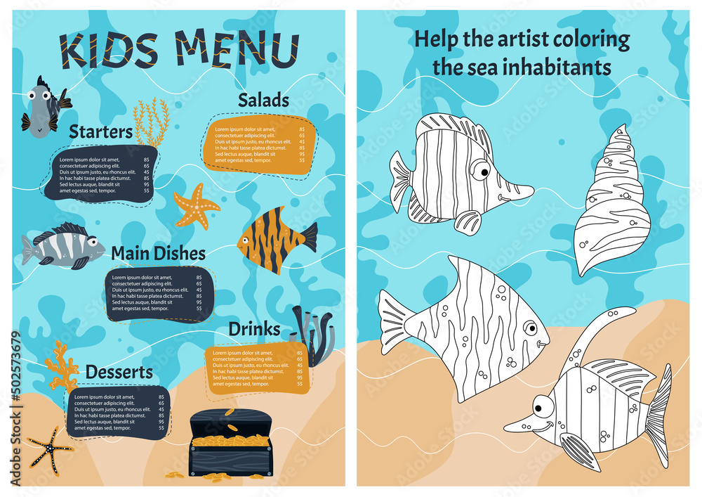 Cute colorful vector template for children's menu with sea animals and ...