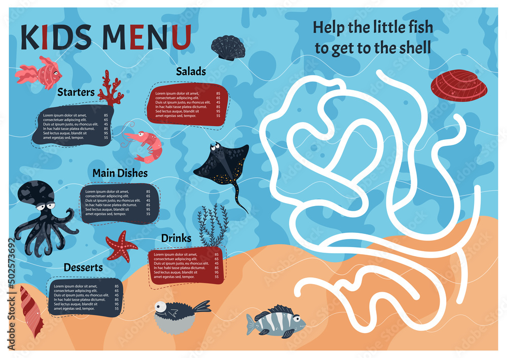 Cute colorful vector template for children's menu with sea animals and ...