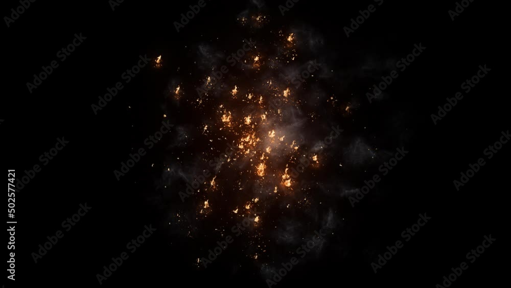 3D animation on realistic scattered fire from top view with smoke and ...