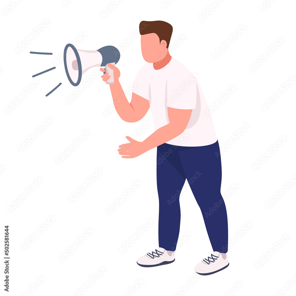 Athletic man shouting in megaphone semi flat color vector character ...